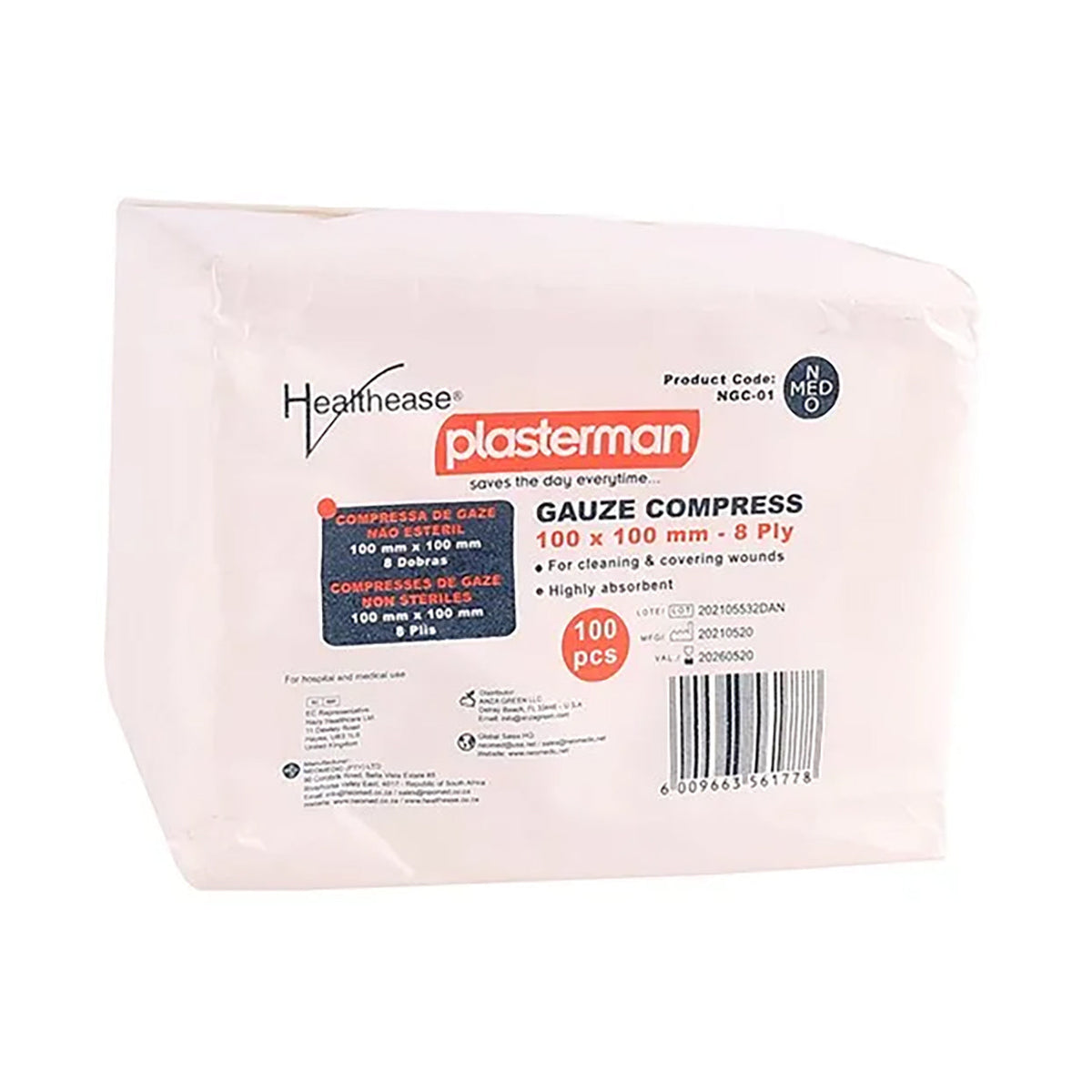 Healthease Plasterman Gauze 100mm x 100mm 8 Ply N S 100 Pack - Med365
