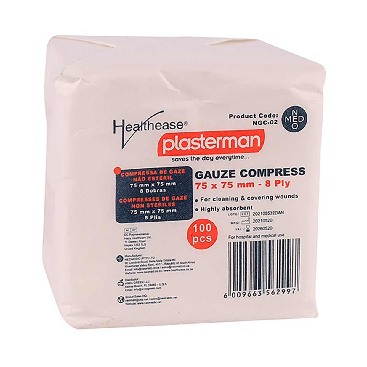 Healthease Plasterman Gauze Compress 75mm x 75mm 8 Ply N/S 100 Pack ...