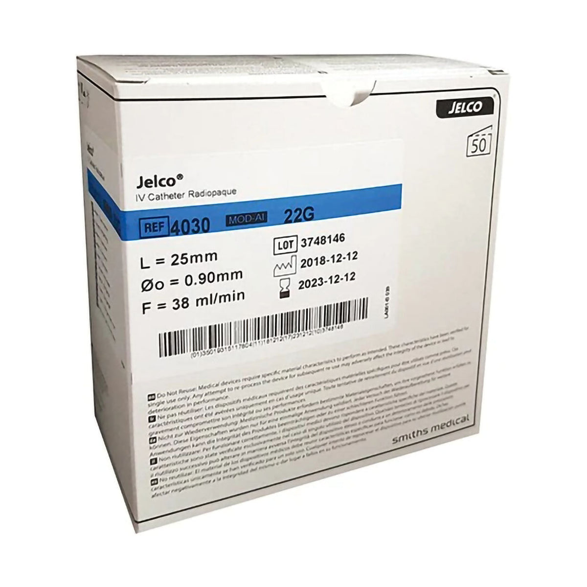 Jelco IV Catheter Radiopaque 22g x 25mm Blue 50 Pack - Med365