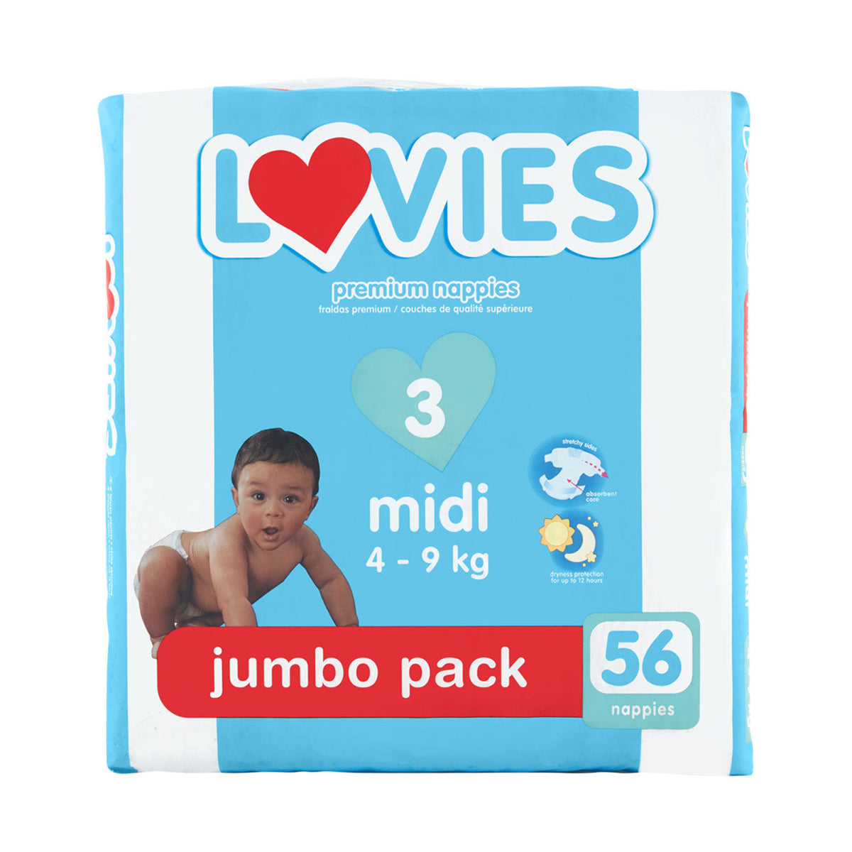 Lovies Premium Nappies Midi 4 - 9kg Jumbo 56 Nappies - Med365