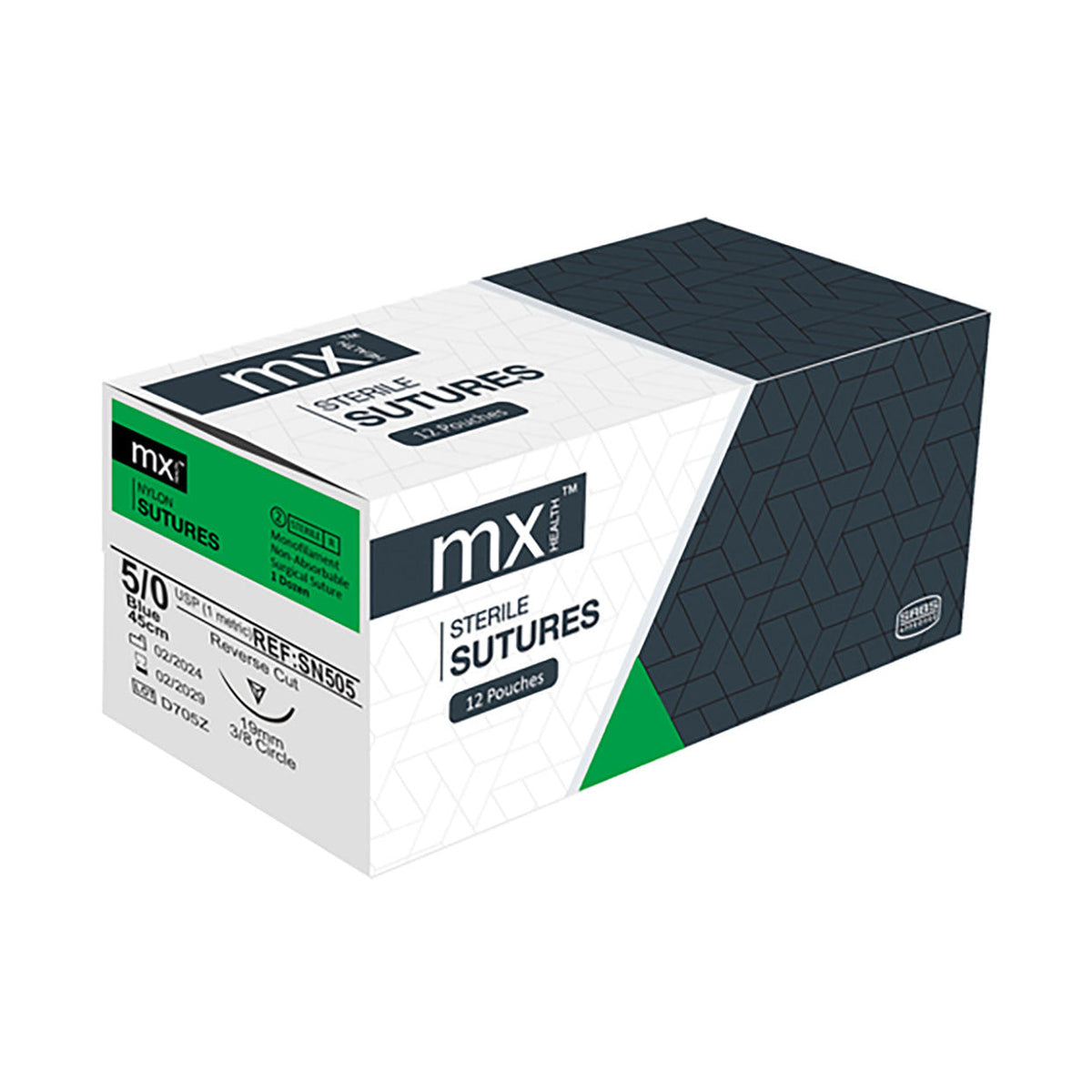 MX Health Sutures Nylon 5/0 Rc 3/8 19mm 12 Pouches - Med365