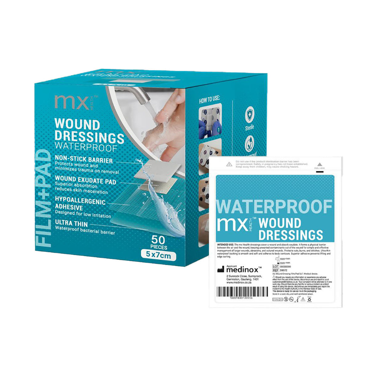 MX Health Wound Dressing Waterproof Film With Pad 5 x 7cm 50 Pack - Med365