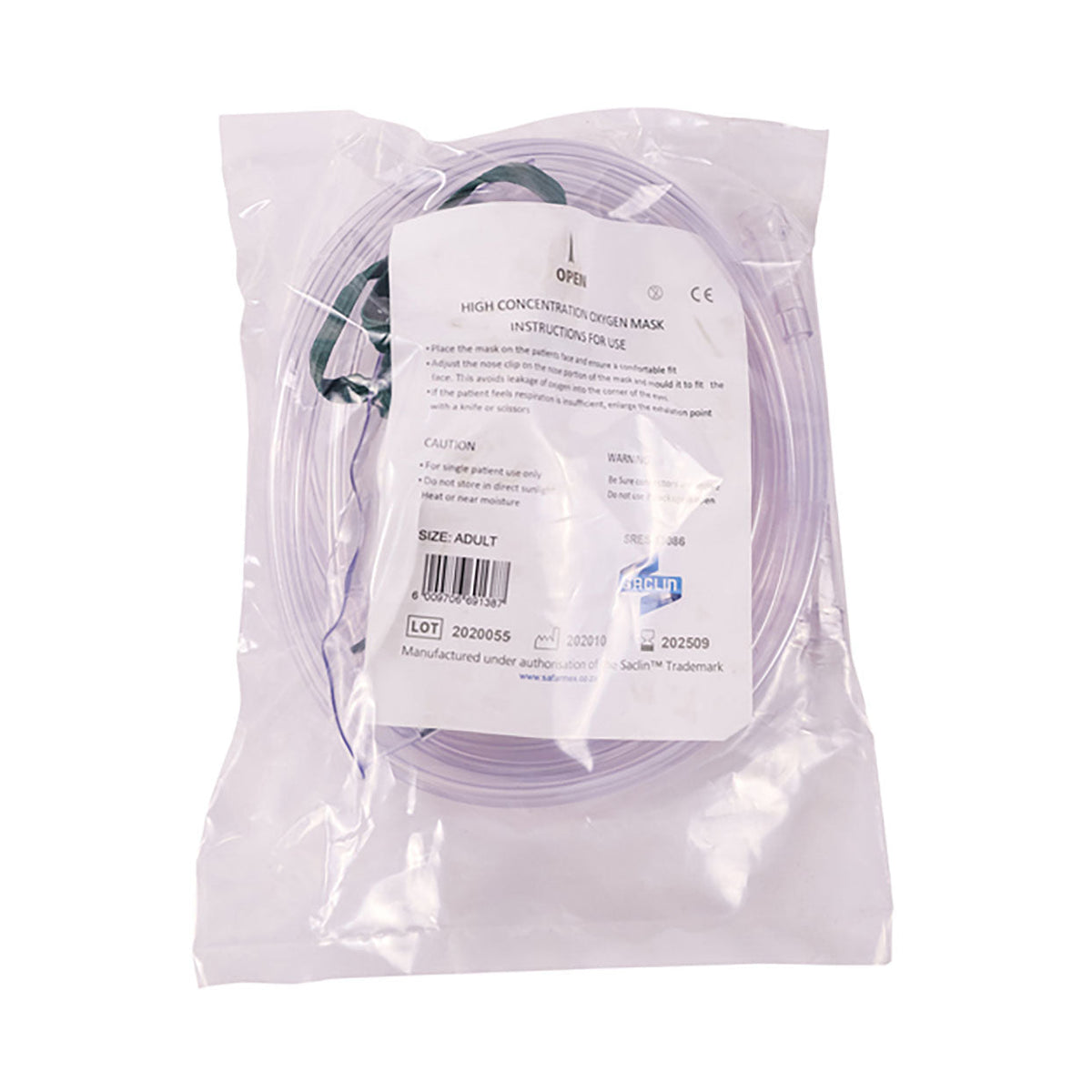 Saclin Oxygen Mask High Concentration 2m Adult 1 Unit - Med365