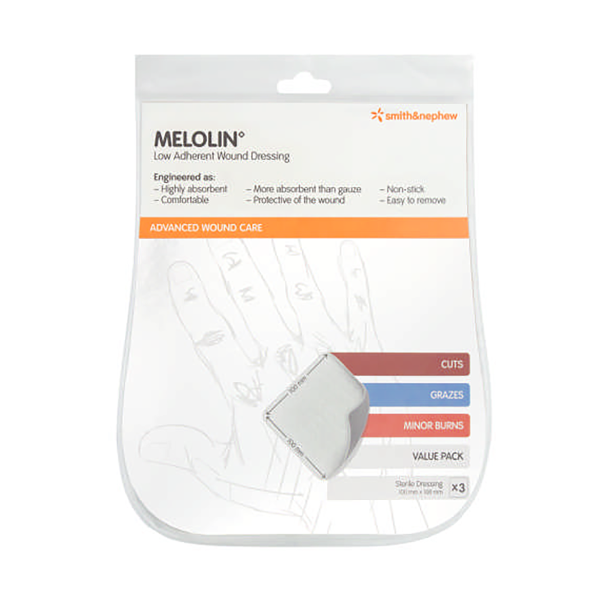Smith & Nephew Melolin Wound Dressing 100mmx100mm 3 Pack - Med365